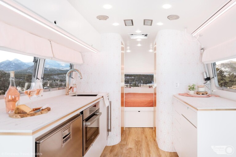 Meet Rosie: The 22-Foot Rose-Gold Airstream with a Built-in Tesla ...