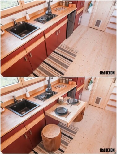 Unique Tiny House Boasts Elevated Living Room and Clever Hidden Dining Table - Living in a shoebox